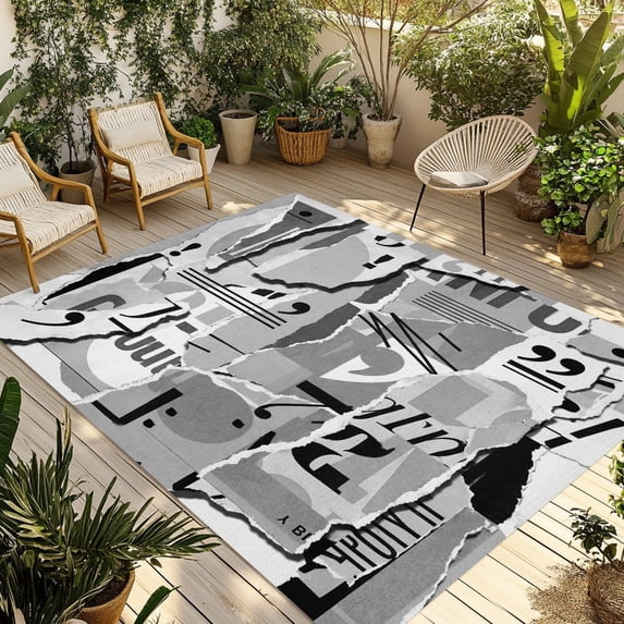 Abstract Art Outdoor Rug, Black and White Collage Art Torn Paper Pieces ...