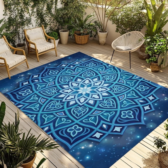 Abstract Art Outdoor Rug, Blue Gradient Floral 3D Geometric Stars ...