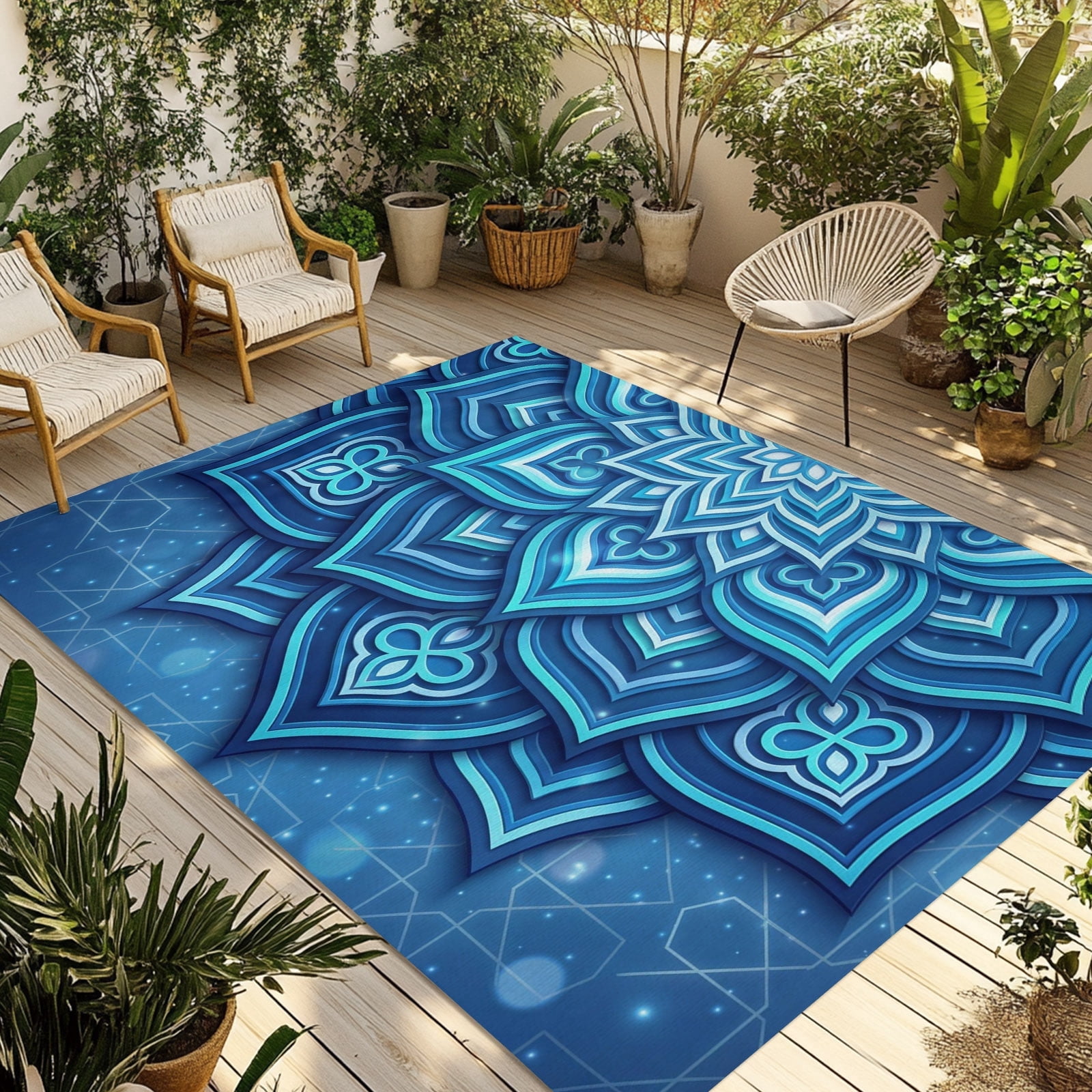 Abstract Art Outdoor Rug, Blue Gradient Flower 3D Geometric Stars ...