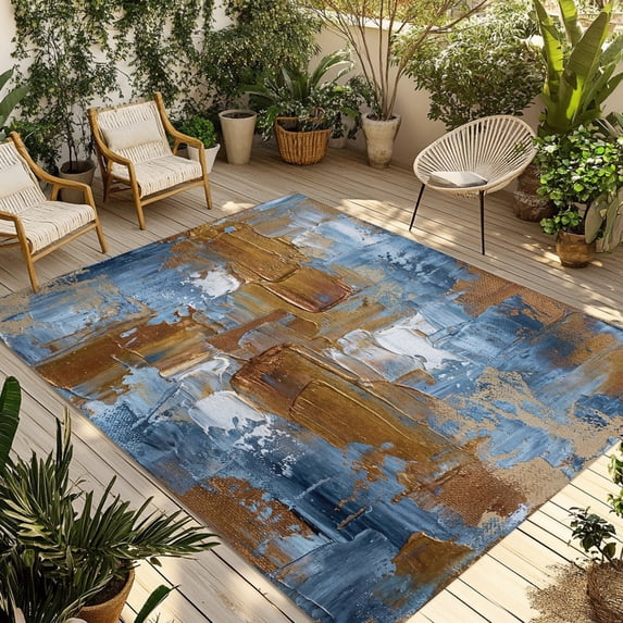 Abstract Art Outdoor Rug, Brown Blue Graffiti Paint Retro Mottled ...