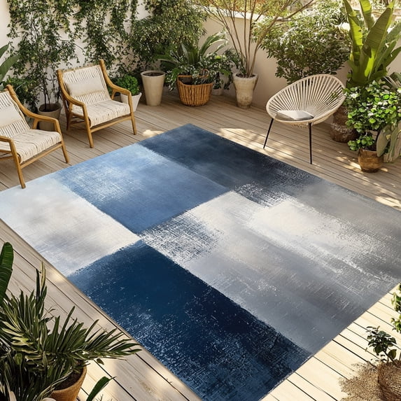 Abstract Art Outdoor Rug, Color Block Blue Gary Collage Oil Painting ...