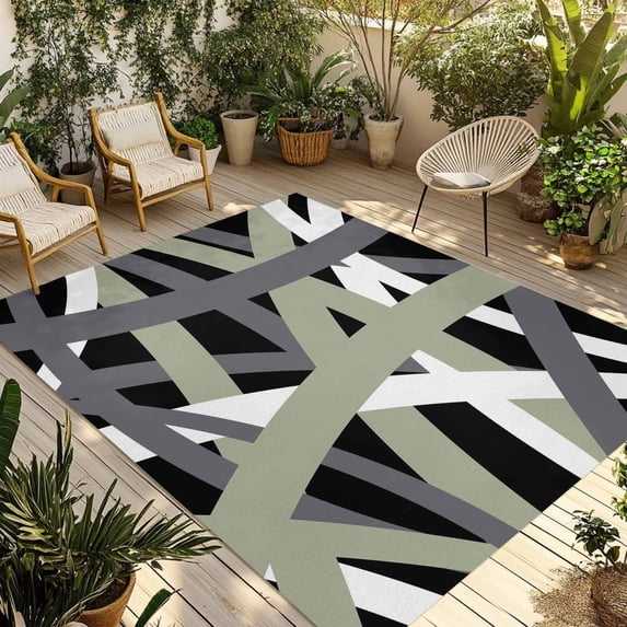 Abstract Art Outdoor Rug, Green White Black Gray Line Modern Simple Non ...