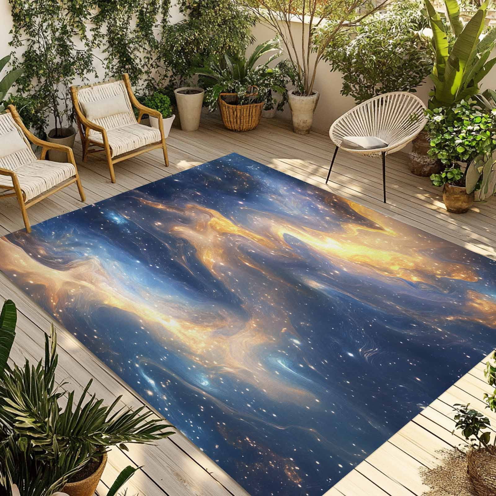 Abstract Art Outdoor Rug, Modernism Blue Gold Water Ripple Non-Slip ...
