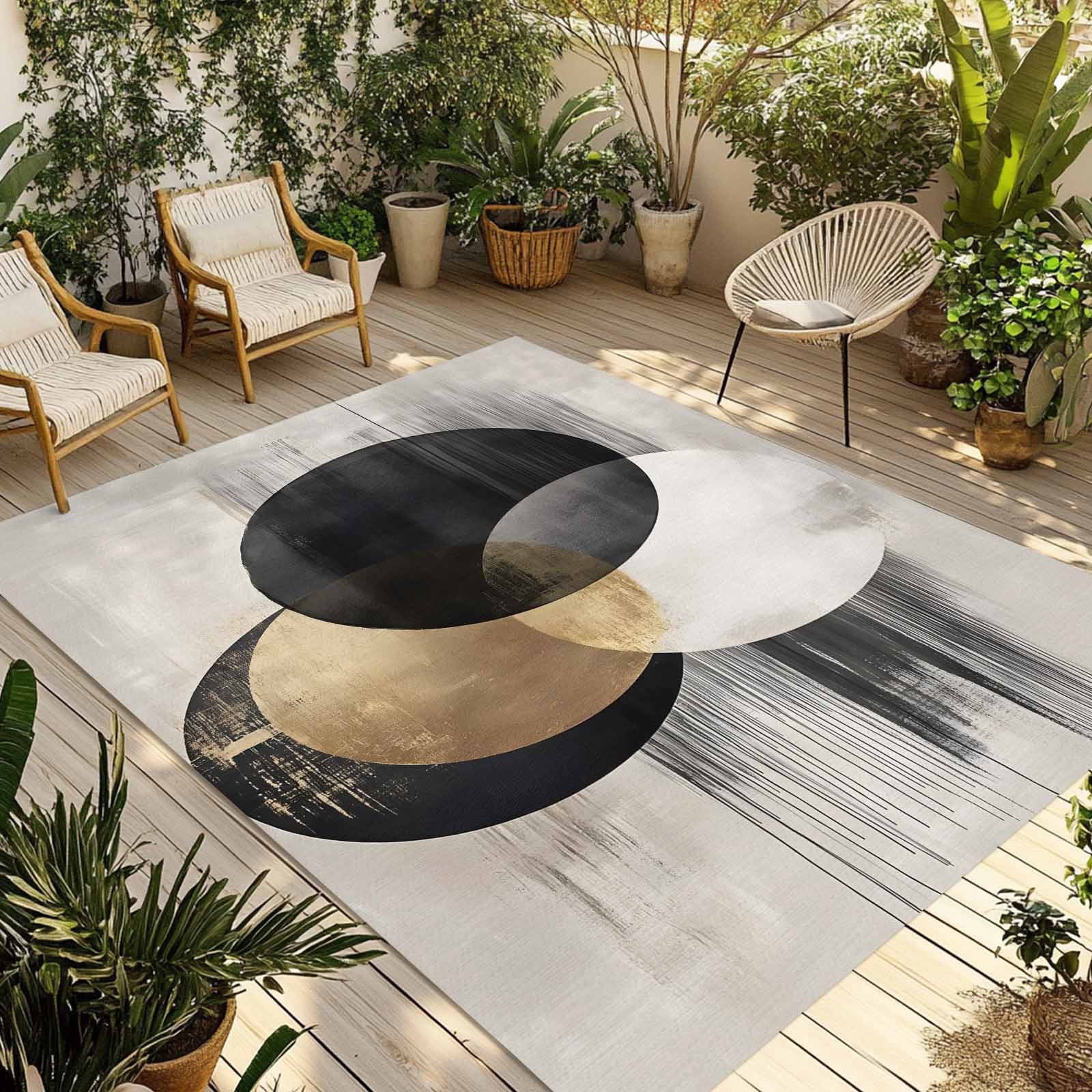 Abstract Art Outdoor Rug, Mottled Black White Gold Circle Moon ...