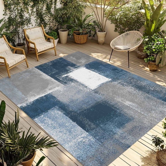 Abstract Art Outdoor Rug, Navy Grey Smear Texture Graffiti Geometric ...