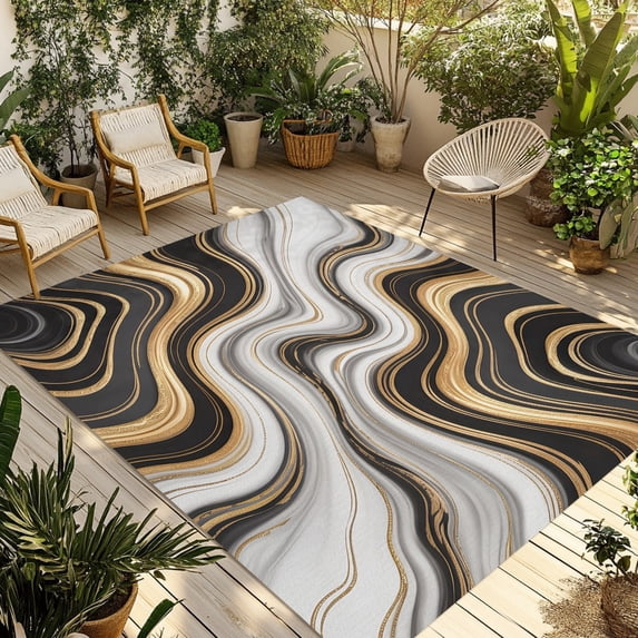 Abstract Art Outdoor Rug, Retro Black Yellow White Marble Texture Non ...