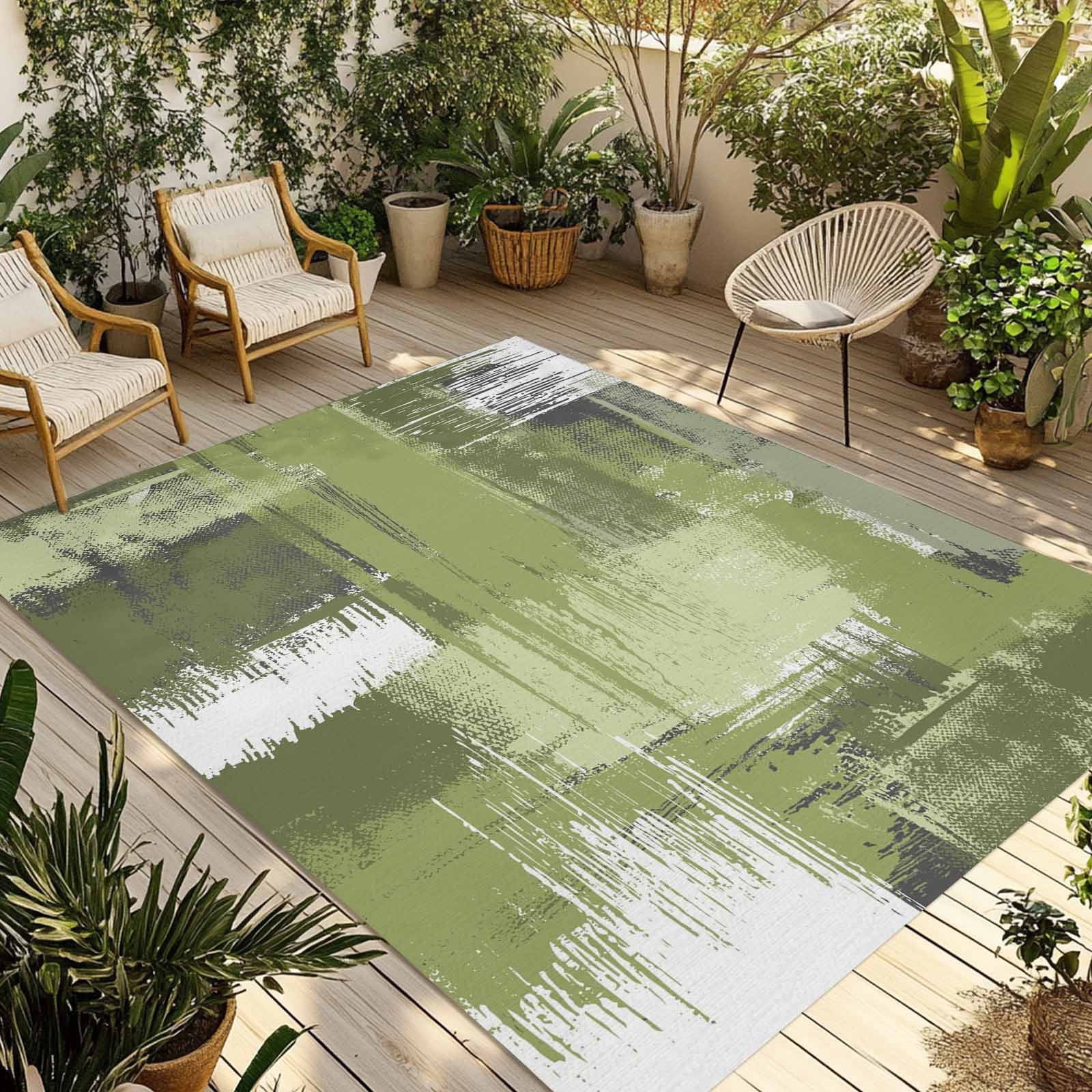 Abstract Art Outdoor Rug, Sage Green Mottled Color Block Oil Painting ...