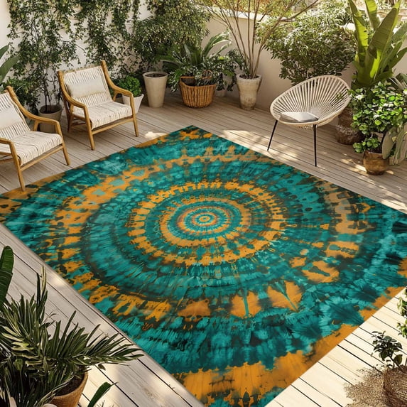 Abstract Art Outdoor Rug, Teal Yellow Tie-Dye Art Ethnic Style ...