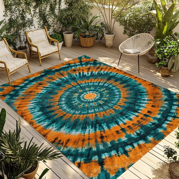 Abstract Art Outdoor Rug, Turquoise Orange Tie-Dye Art Ethnic Style ...