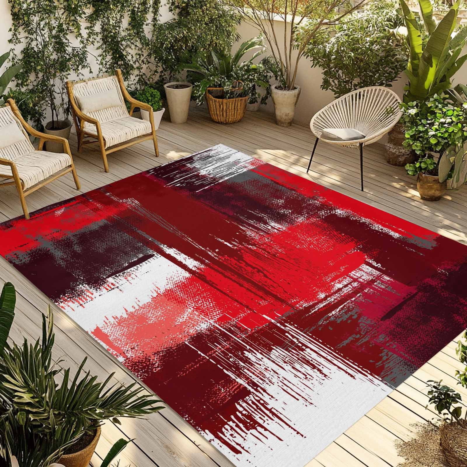 Abstract Art Outdoor Rug, Vintage Red Gray Mottled Color Block Oil ...