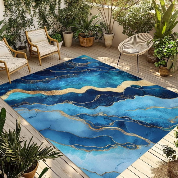 Abstract Art Outdoor Rug, Water Ripple Blue Gradient Marbling Non-Slip ...
