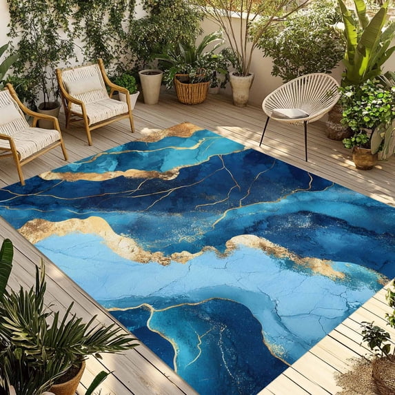 Abstract Art Outdoor Rug, Water Ripple Gold Blue Gradient Marbling Non ...