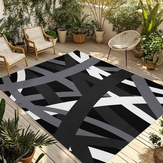 Abstract Art Outdoor Rug, White Black Gray Line Modern Simple Non-Slip ...