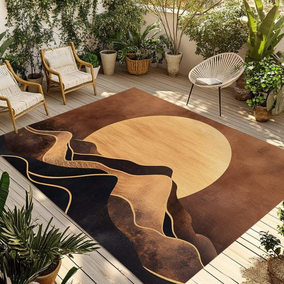 Abstract Art Outdoor Rug, Yellow Black Night Moon Mountains Non-Slip ...