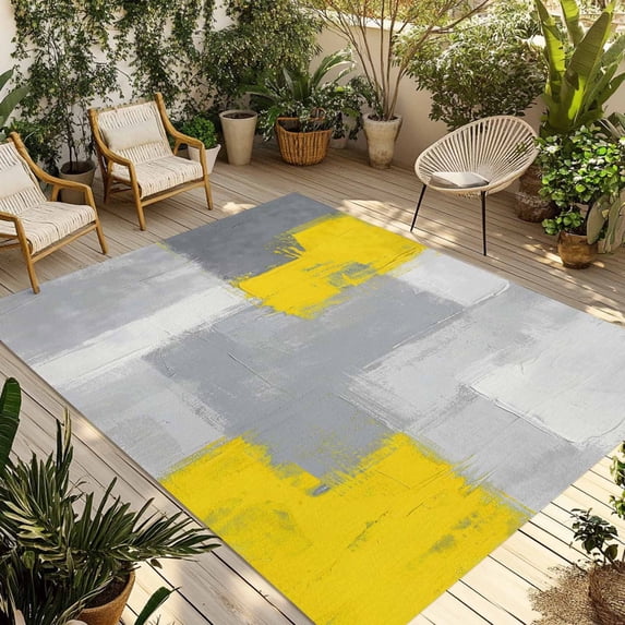 Abstract Art Outdoor Rug, Yellow Grey Graffiti Painting Mottled Texture ...