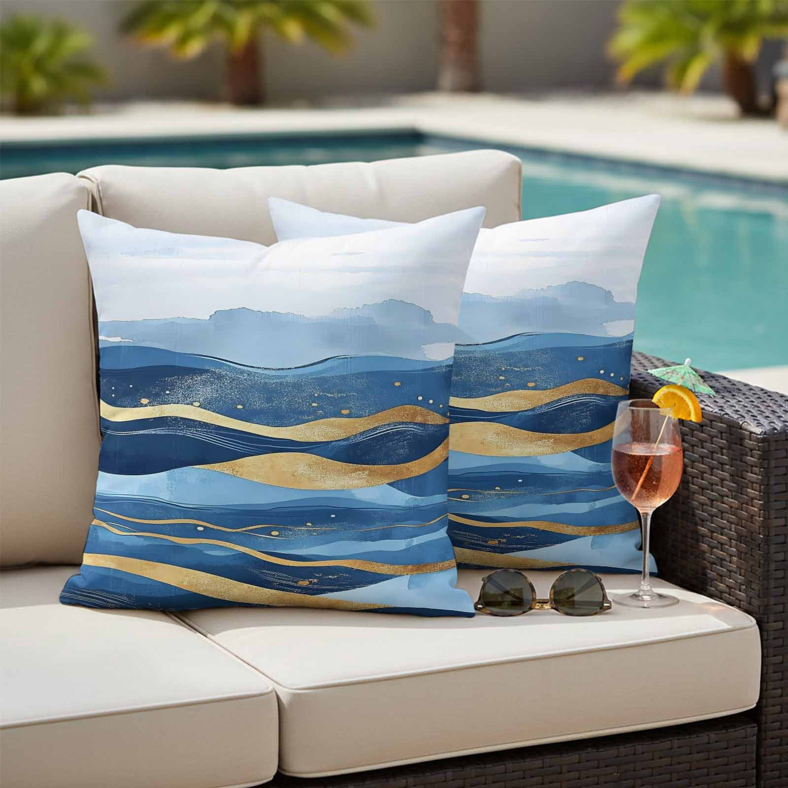 Abstract Art Outdoor Throw Pillow Covers Set of 2, Blue Wave Effects ...