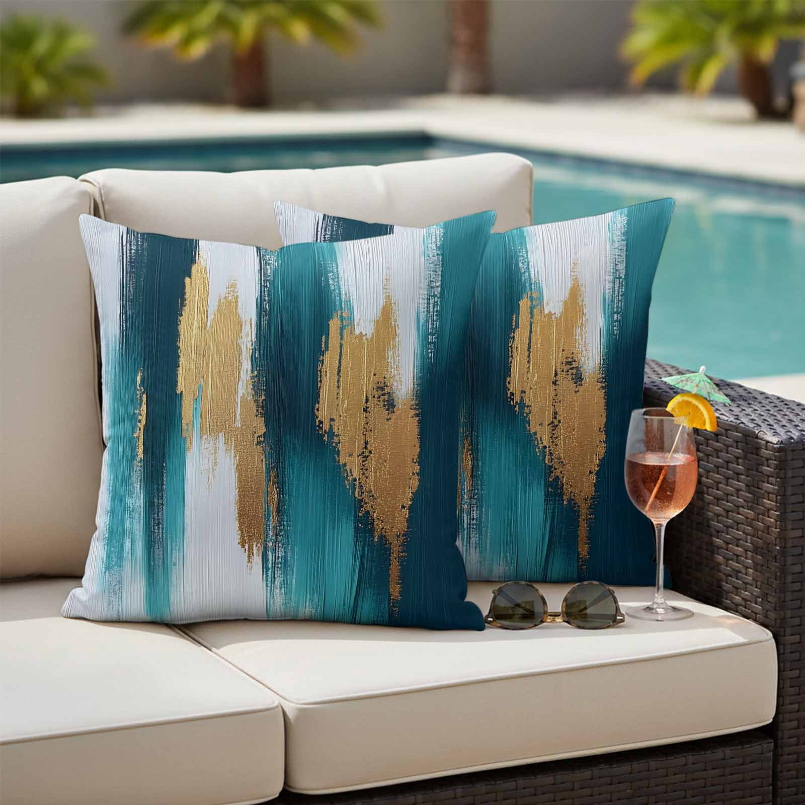 Abstract Art Outdoor Throw Pillow Covers Set of 2, Gold Green Mottled ...