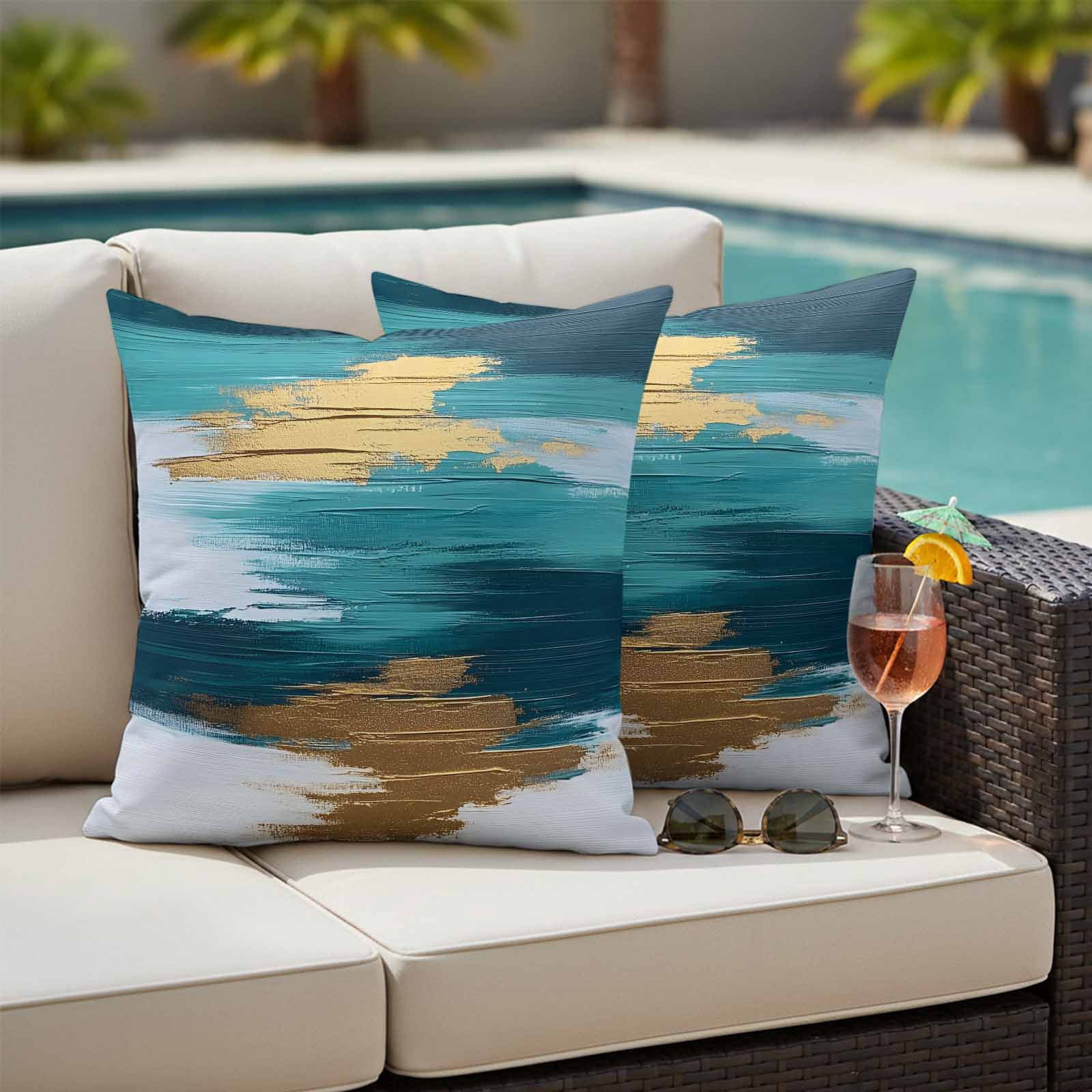 Abstract Art Outdoor Throw Pillow Covers Set of 2, Green Gold Mottled ...