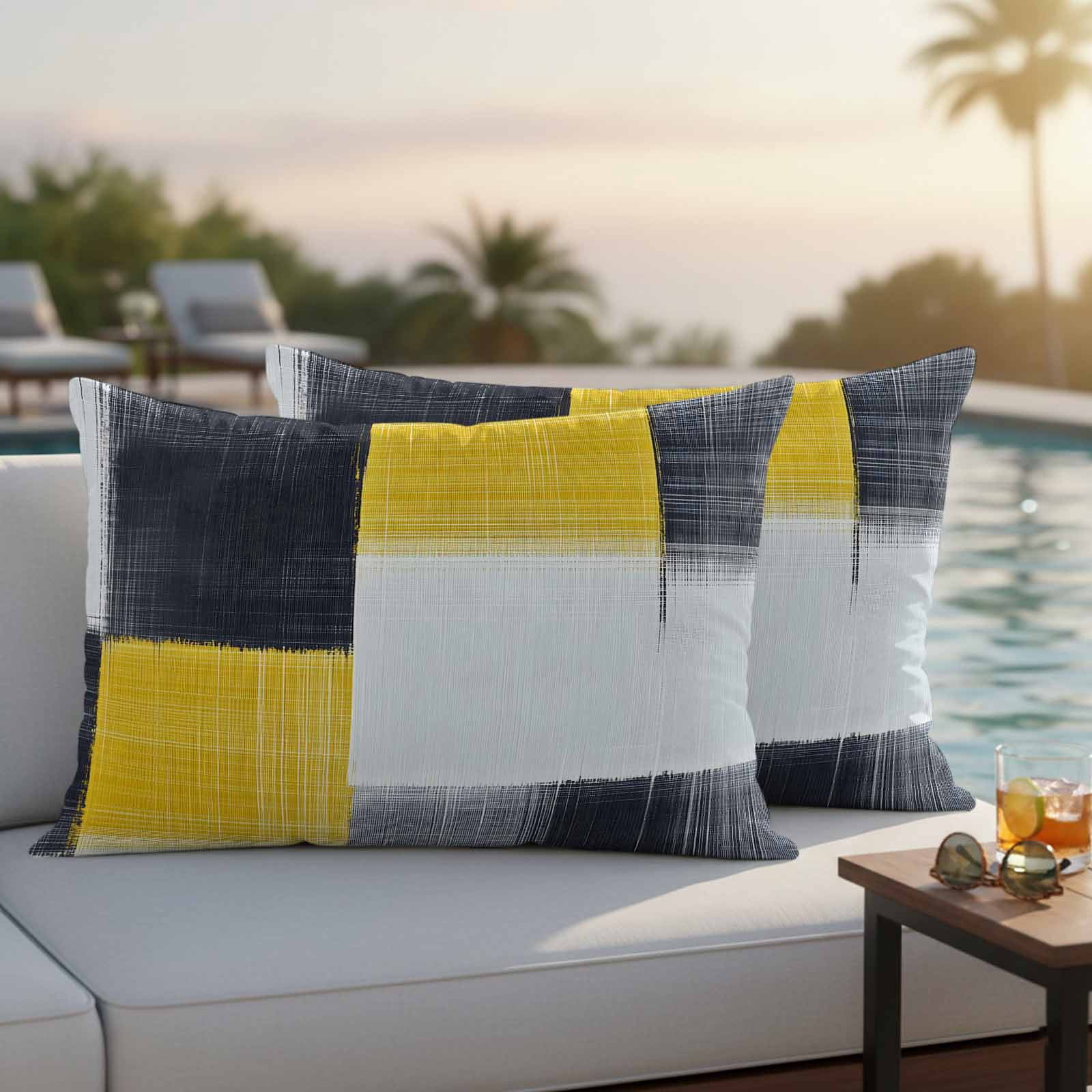 Abstract Art Outdoor Throw Pillow Covers Set of 2, Yellow Black Plaid ...