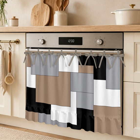 Abstract Art Oven Skirt Curtain, Brown Black Gray Splice Tie Top Tier ...