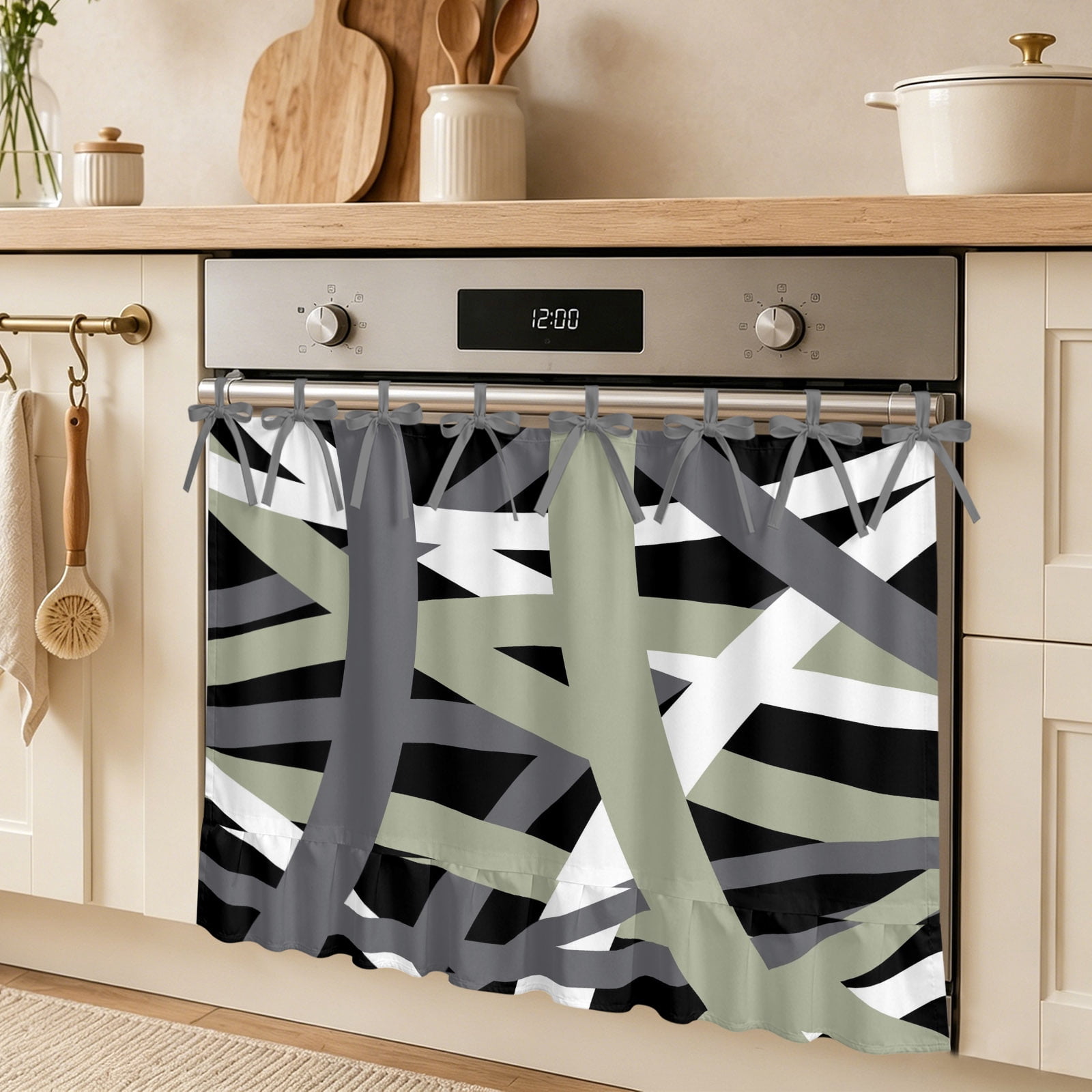 Abstract Art Oven Skirt Curtain, Green White Black Gray Line Modern ...
