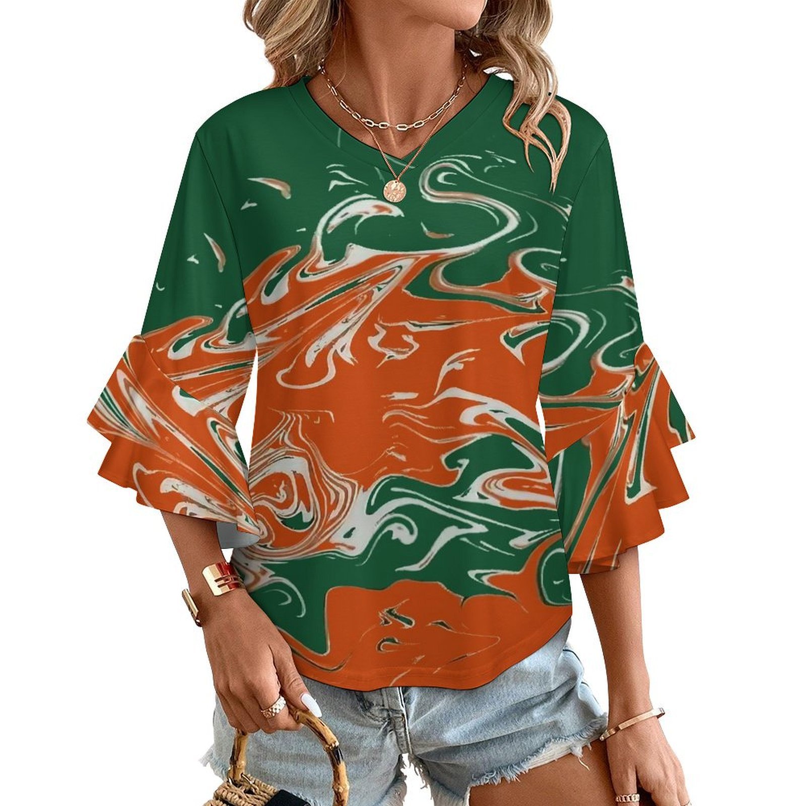 Abstract Art Painting Background Texture Women's V-Neck Blouse With 3/4 ...
