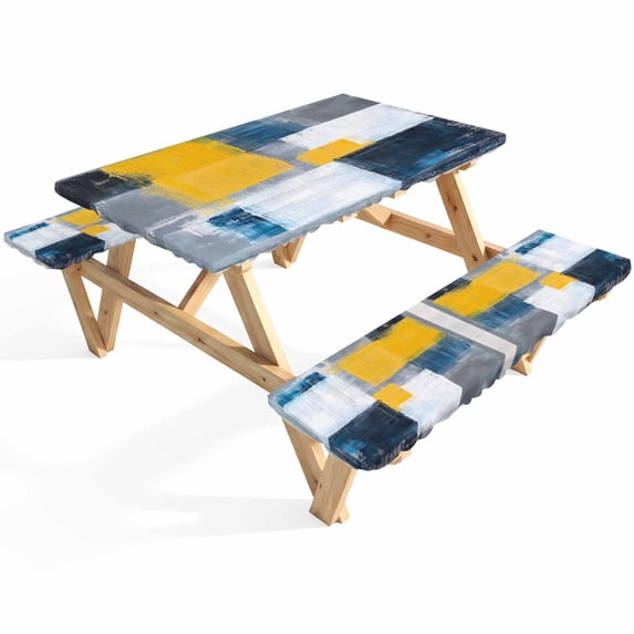 Abstract Art Picnic Table Cover with Bench Covers Yellow Grey Gradient ...