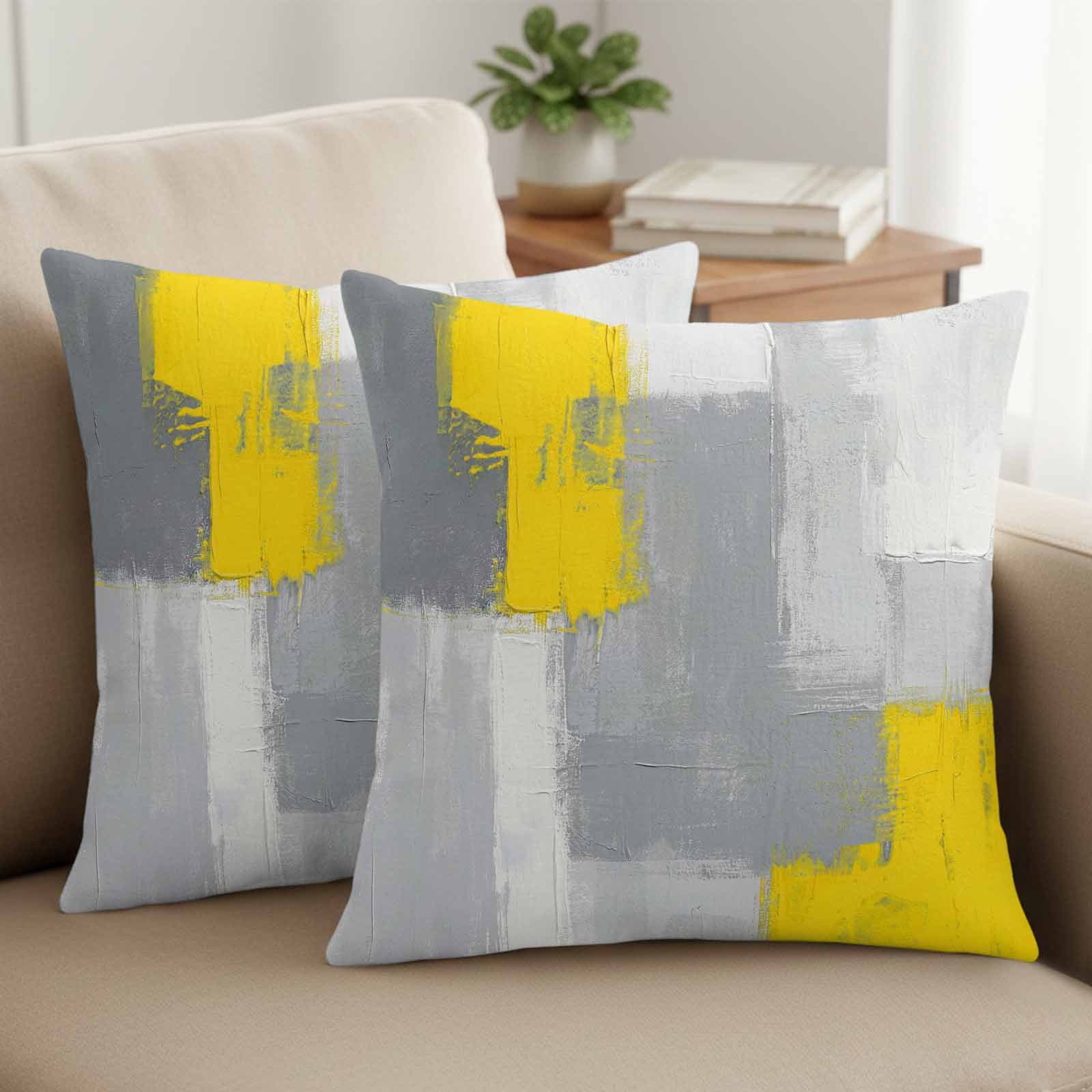 Abstract Art Pillow Covers Set of 2, Yellow Grey Graffiti Painting ...