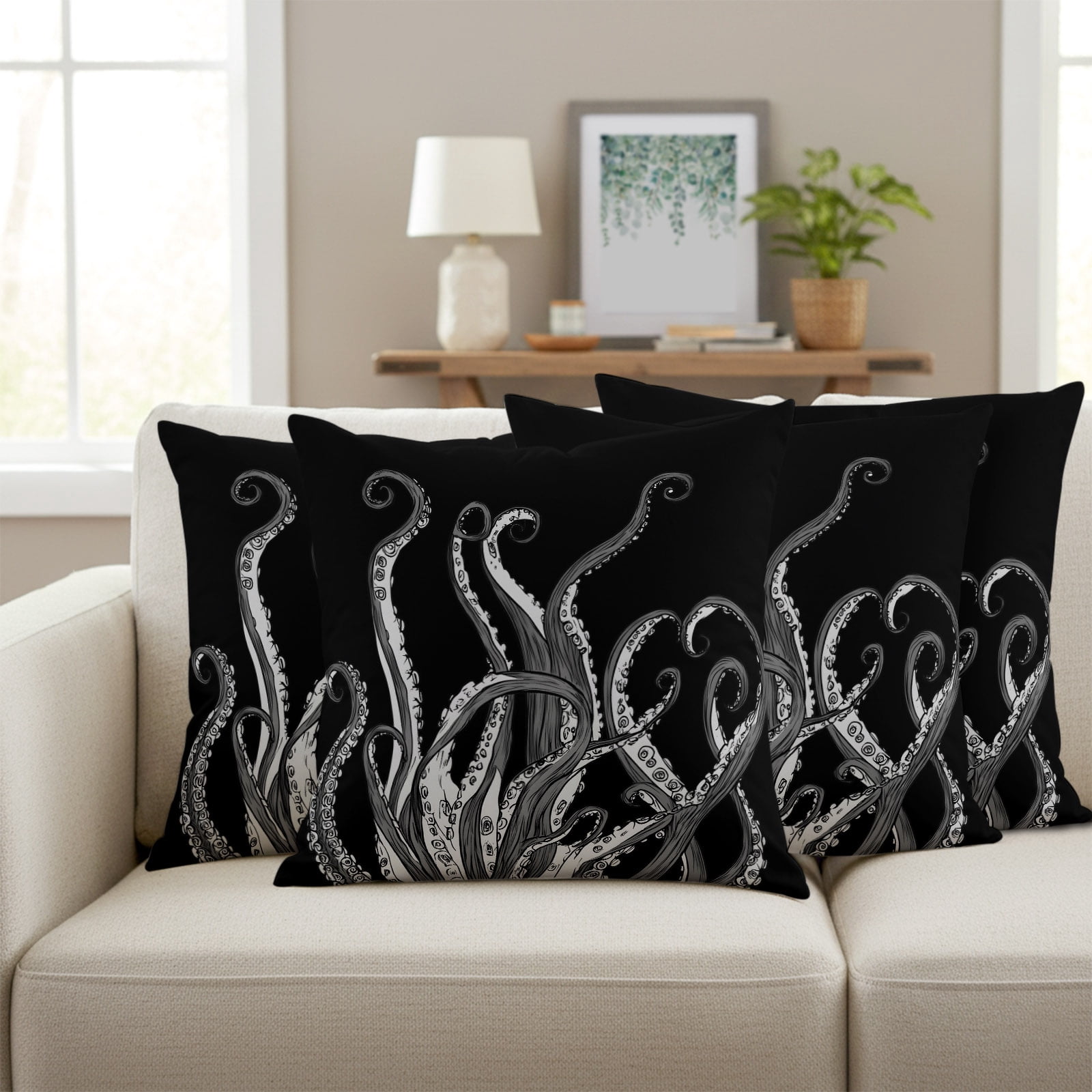 Abstract Art Pillow Covers Set of 4, Black Octopus Tentacles Ocean ...