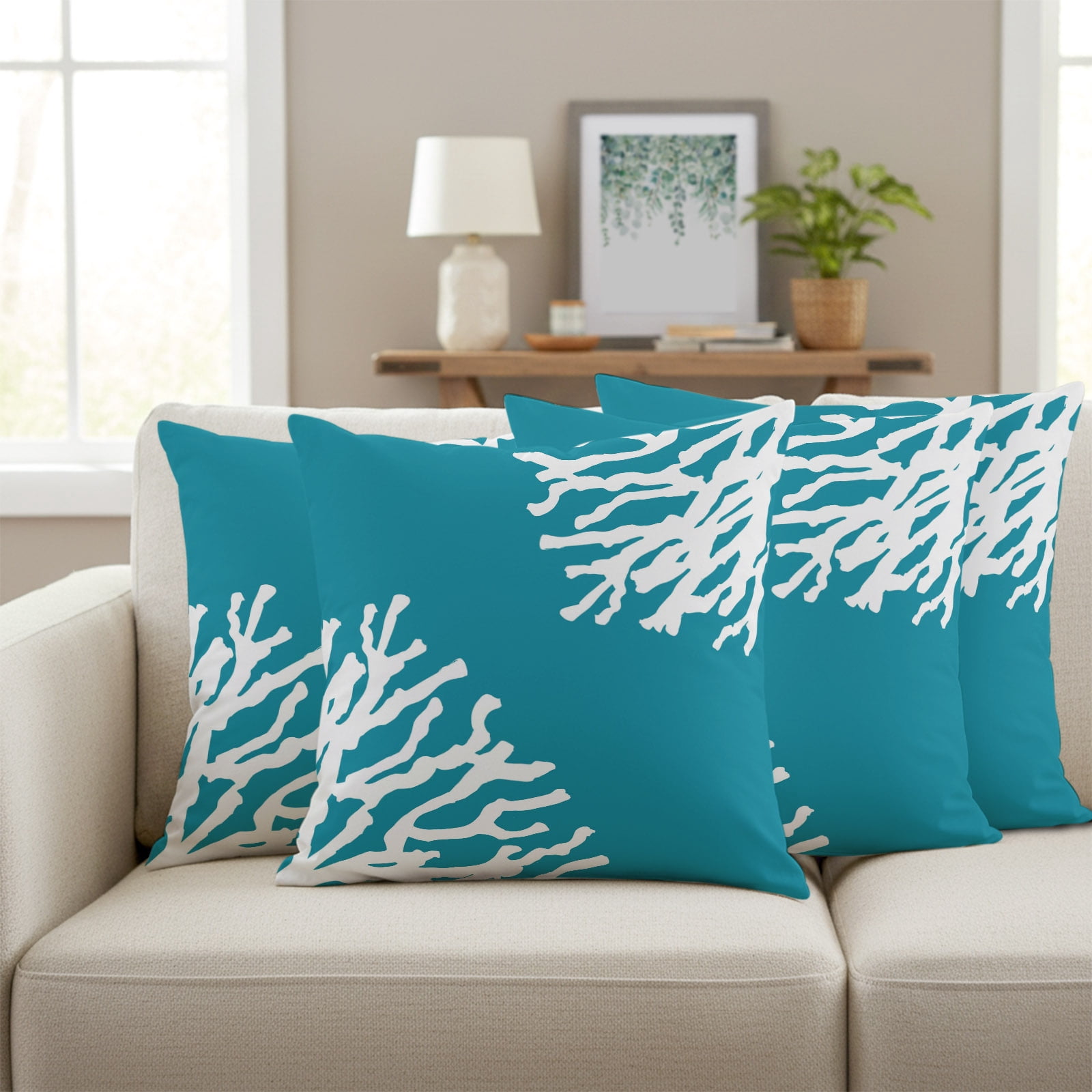 Abstract Art Pillow Covers Set of 4, Coral Blue Background Modern ...