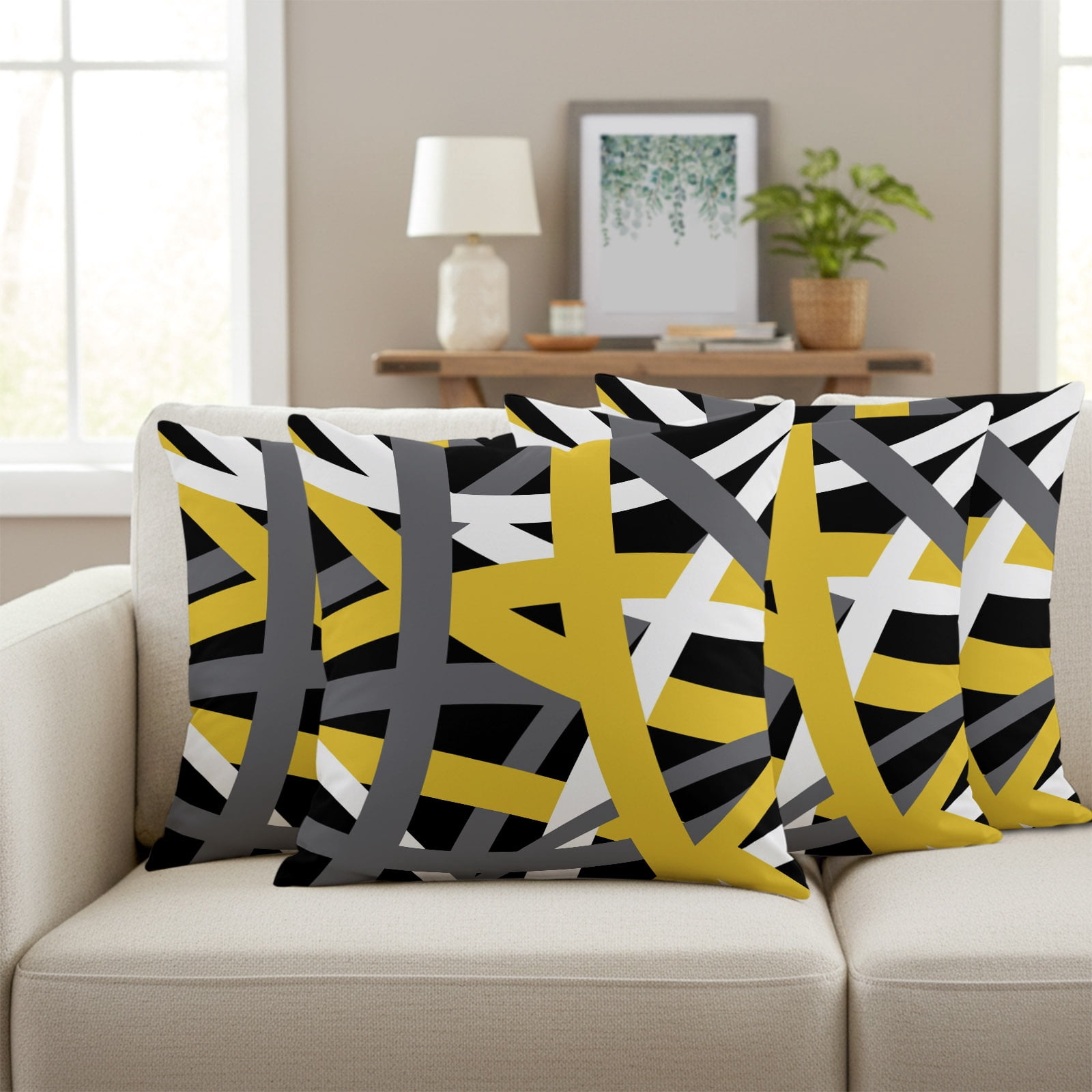 Abstract Art Pillow Covers Set of 4, Yellow White Black Gray Line ...