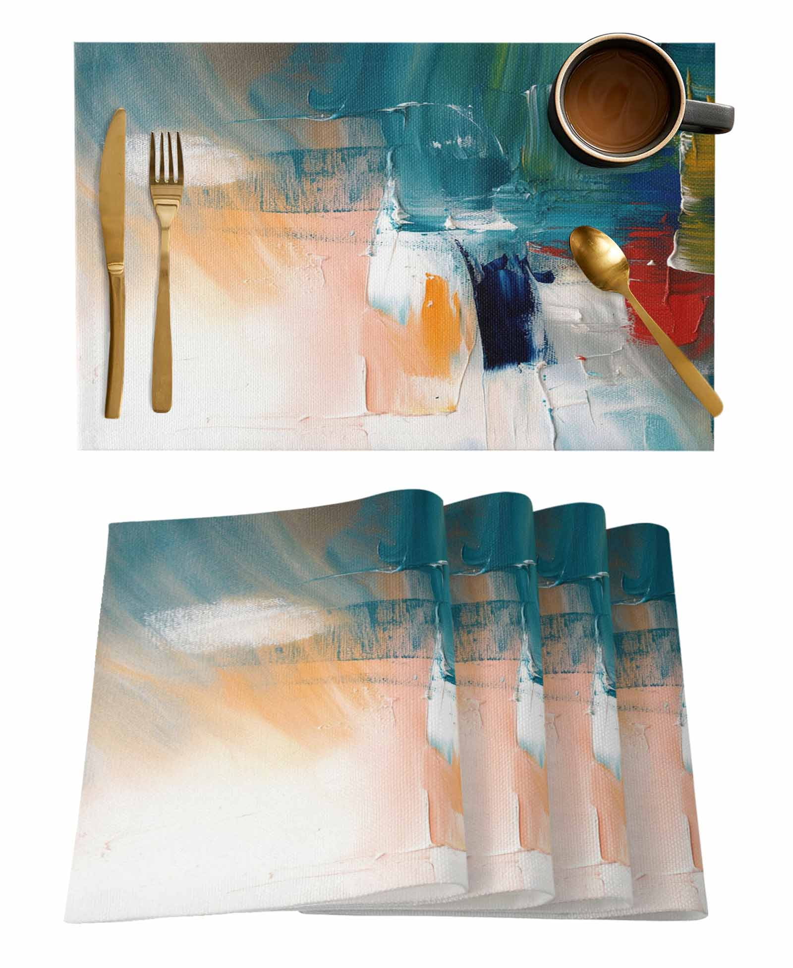 Abstract Art Placemats Set of 12 Turquoise Orange Paint Texture ...