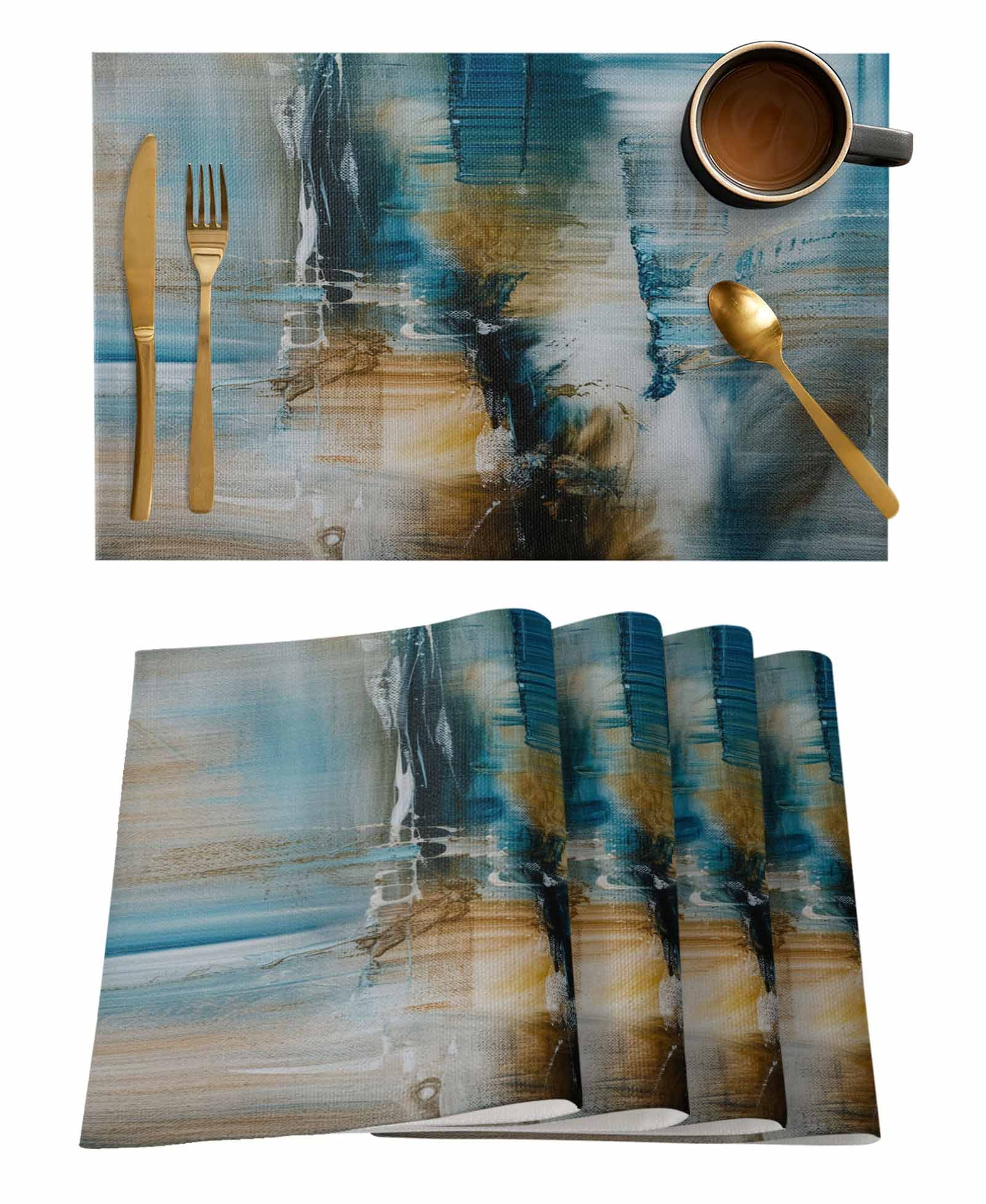 Abstract Art Placemats Set of 2 Turquoise Brown Paint Texture Gradient ...