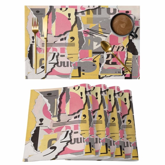 Abstract Art Placemats Set of 4 Pink Yellow Collage Art Torn Paper ...