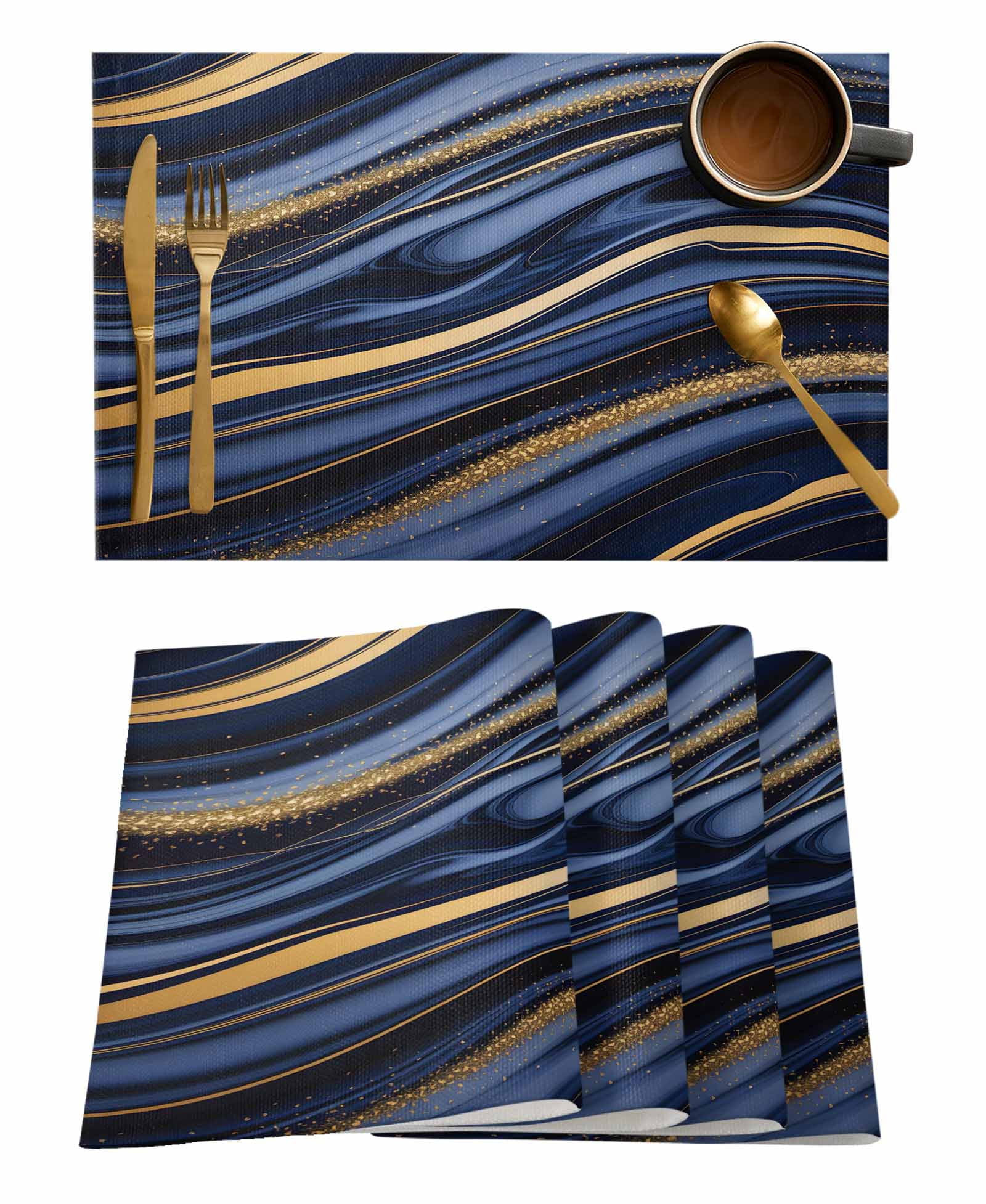 Abstract Art Placemats Set of 6 Retro Blue Gold Marble Texture Heat ...