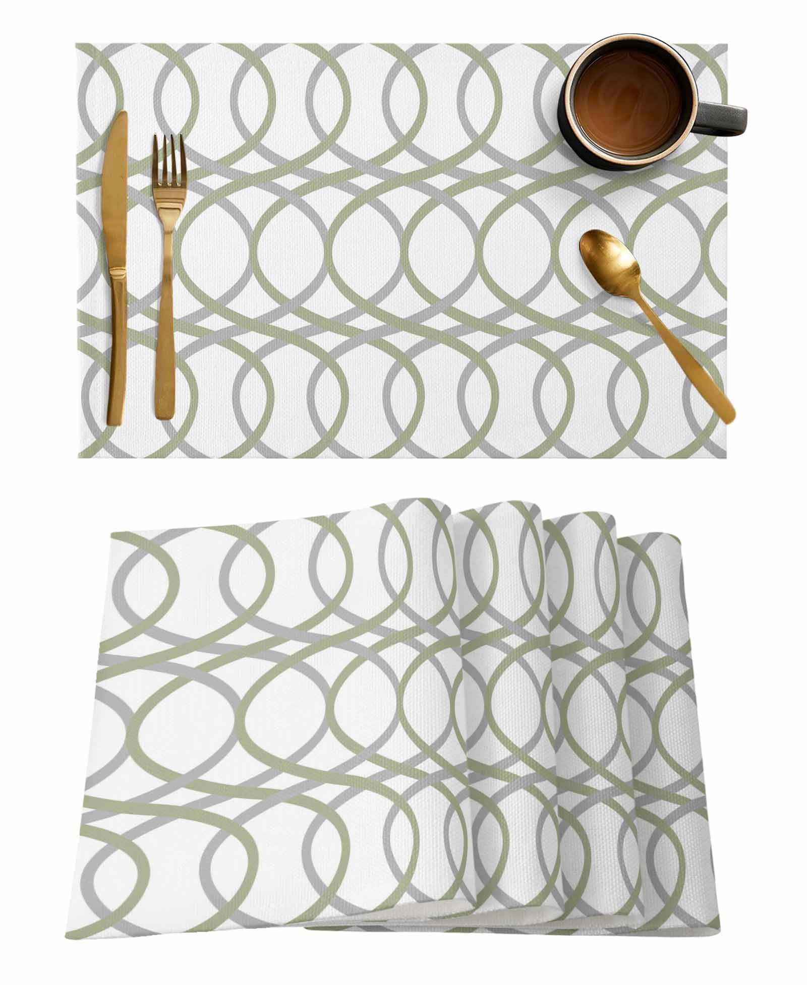 Abstract Art Placemats Set of 8 Green Grey Twisted Lines Geometric ...