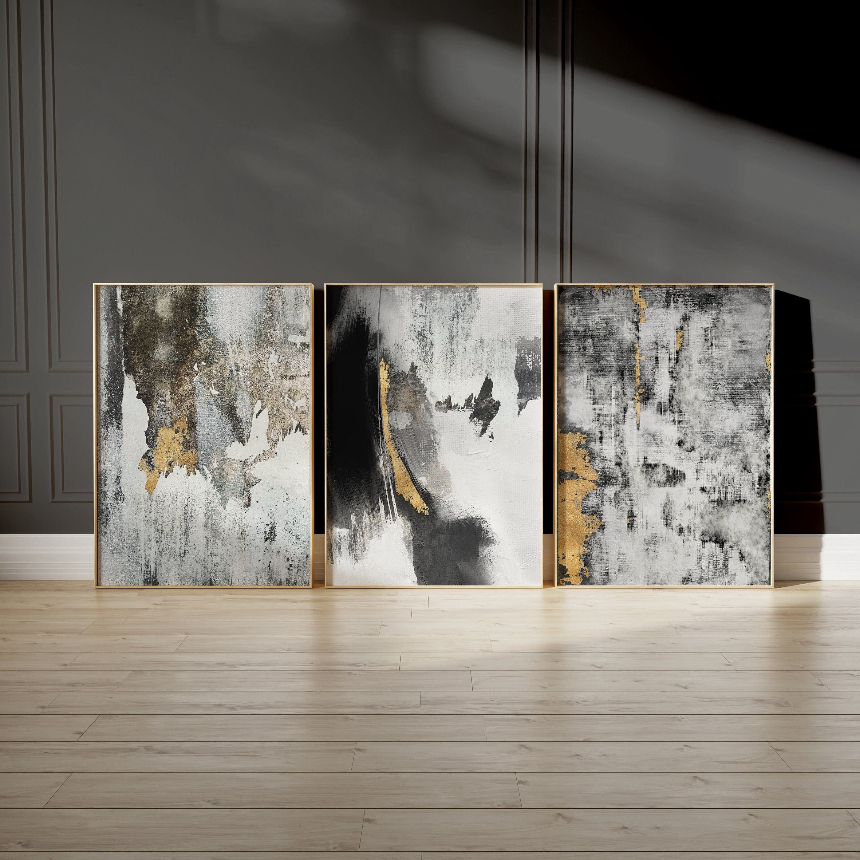 Abstract Art Prints Black Grey Gold Brush Strokes Paint Prints Home ...