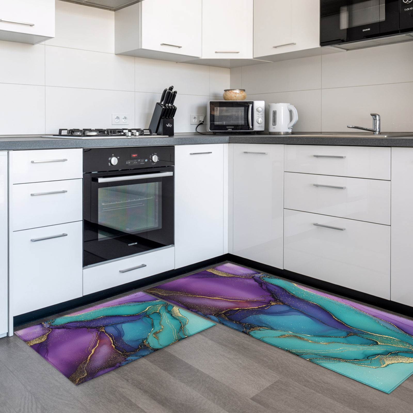 Abstract Art Purple 2 Pieces Non-Slip Kitchen Mat Set, Blue Gold Marble ...