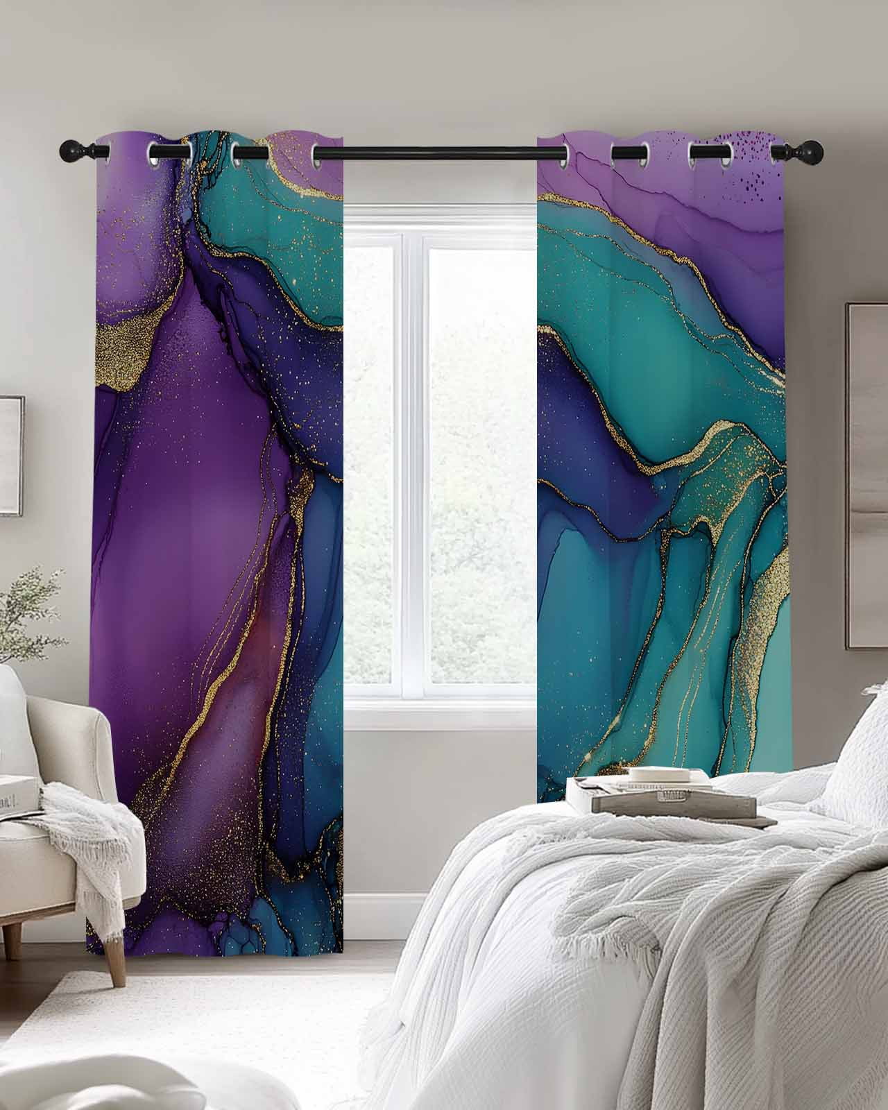 Abstract Art Purple Blackout Curtains 2 Panels, Blue Gold Marble ...