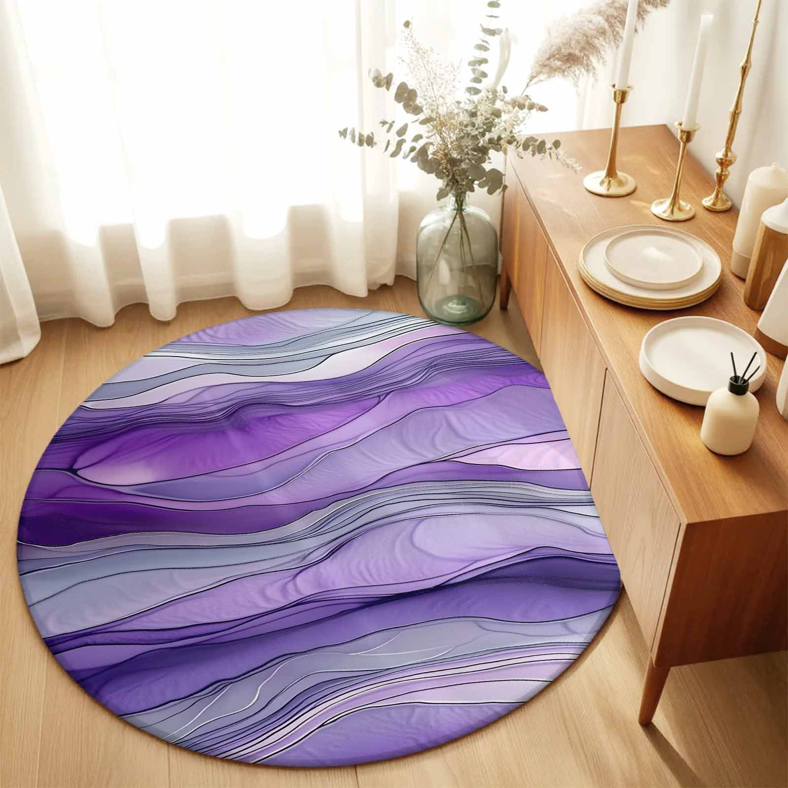 Abstract Art Purple Gray Wave Round Area Rug 3ft,Living Room Rug Non ...
