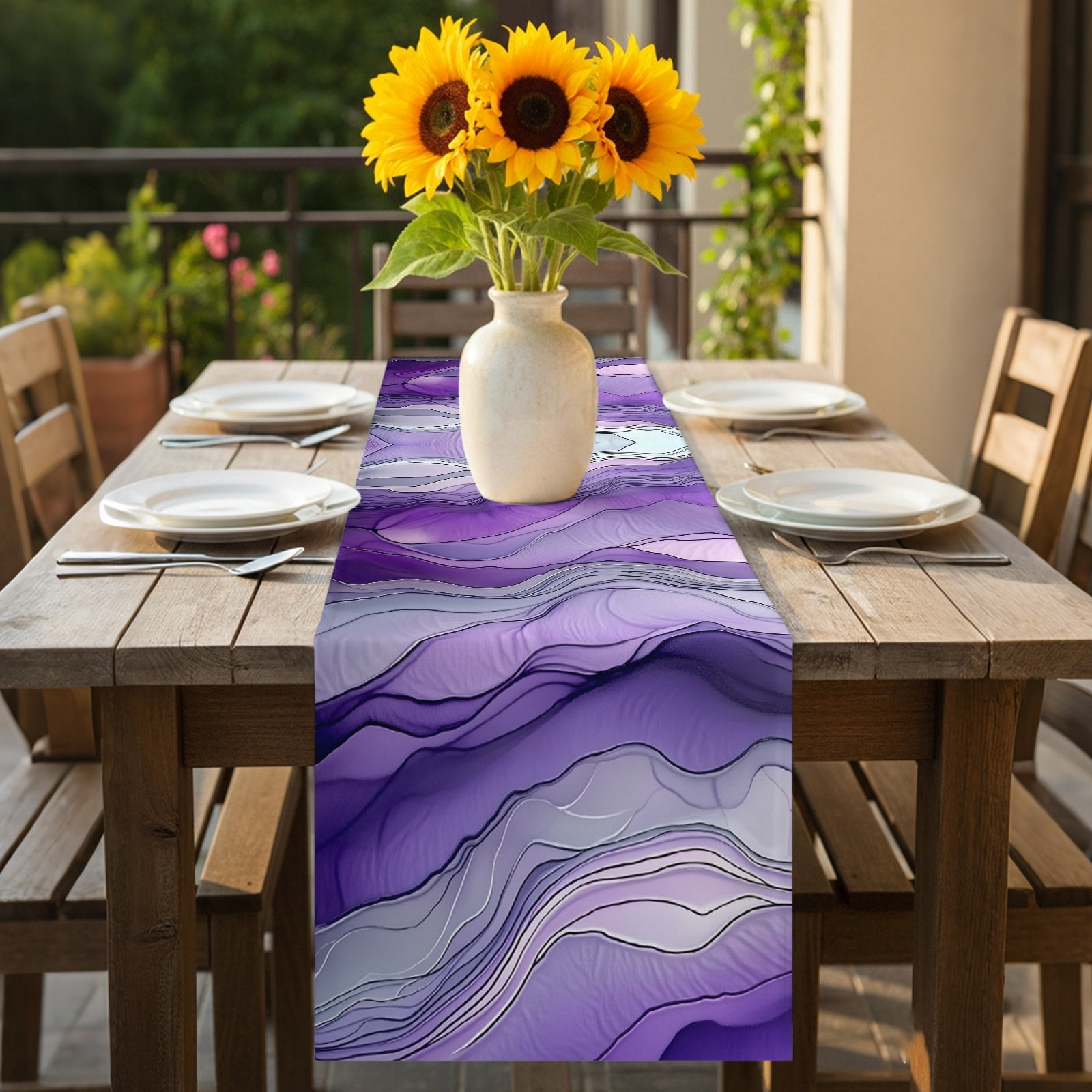 Abstract Art Purple Gray Wave Table Runner 90 Inch Long Vintage Marble ...