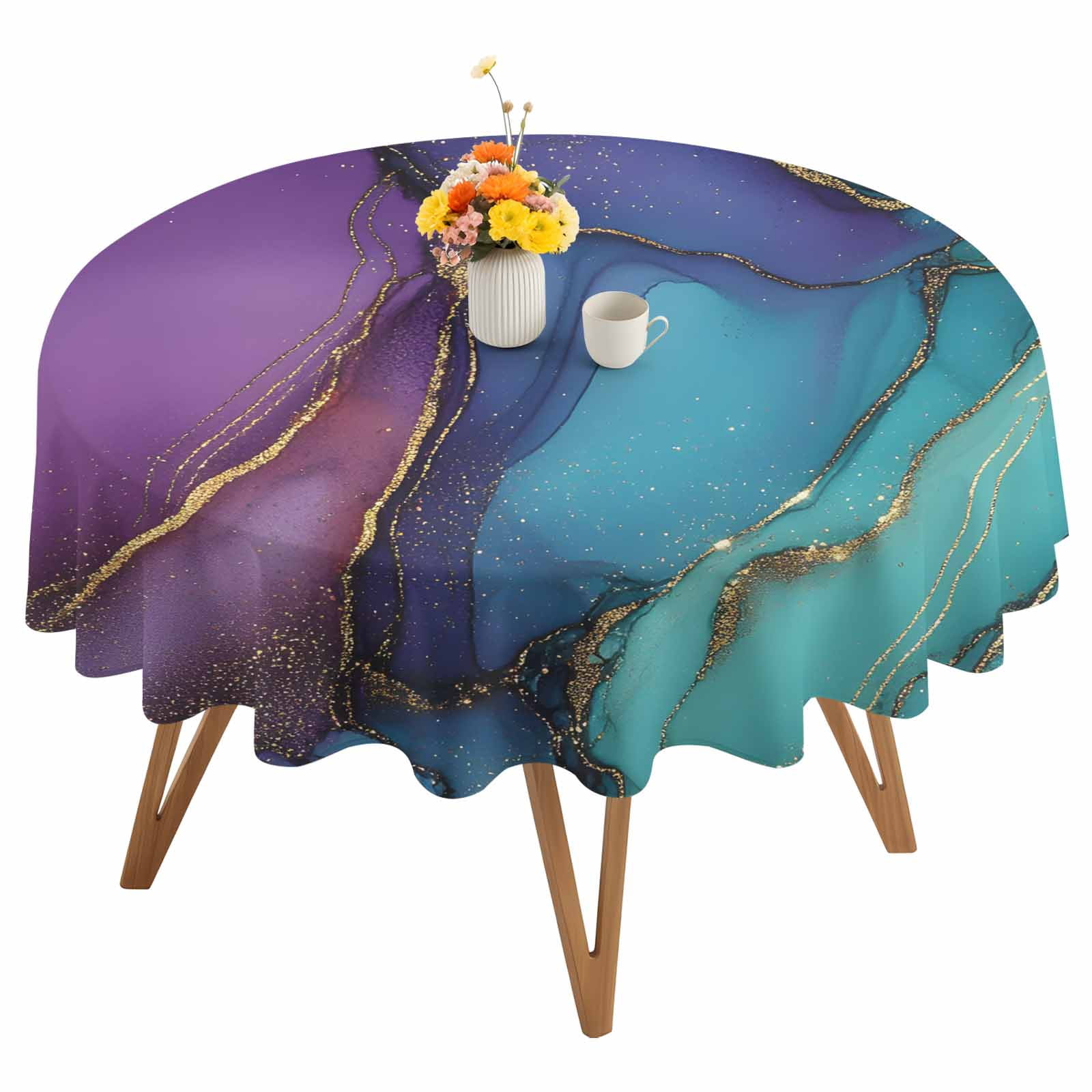 Abstract Art Purple Round Tablecloth 60 inches Blue Gold Marble Texture ...