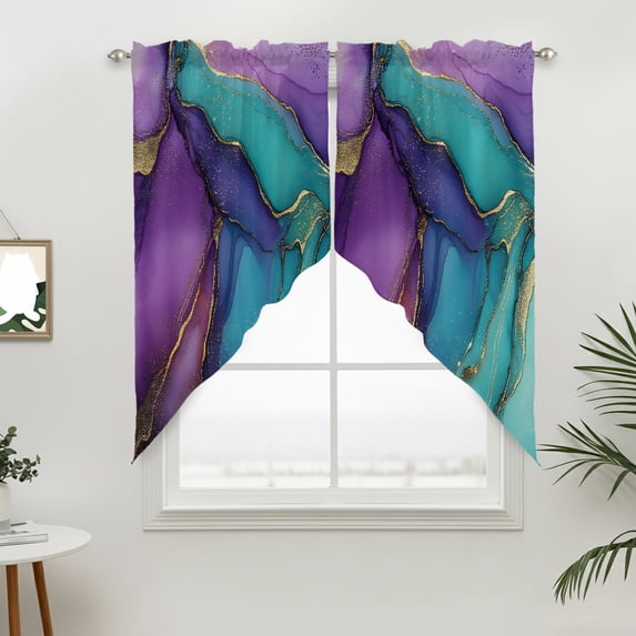 Abstract Art Purple Swag Curtain Valance for Windows, Blue Gold Marble ...
