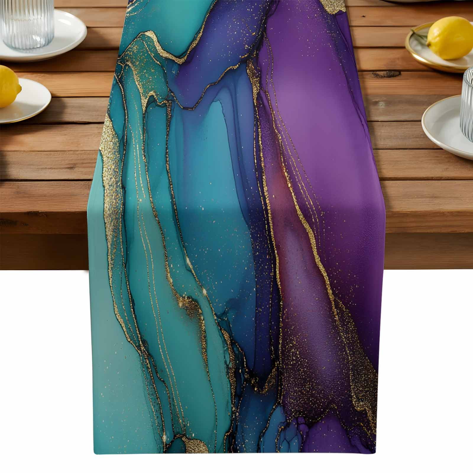Abstract Art Purple Table Runner, Blue Gold Marble Texture Kitchen ...