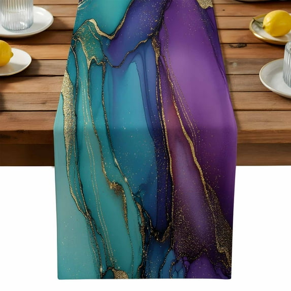 Abstract Art Purple Table Runner, Blue Gold Marble Texture Kitchen ...