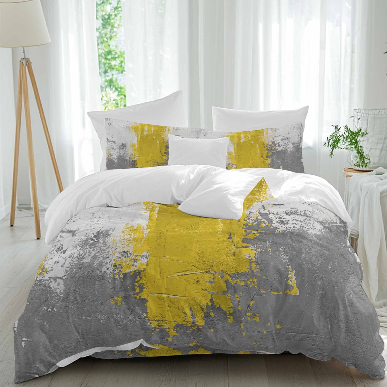 Abstract Art Queen Duvet Cover Set, Yellow Grey Wall Mottled Texture ...