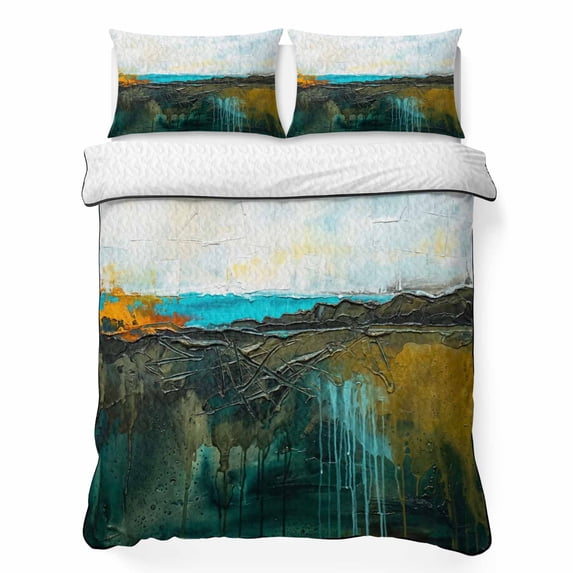 Abstract Art Queen Quilt Bedding Set, Blue Gray Textured Landscape ...