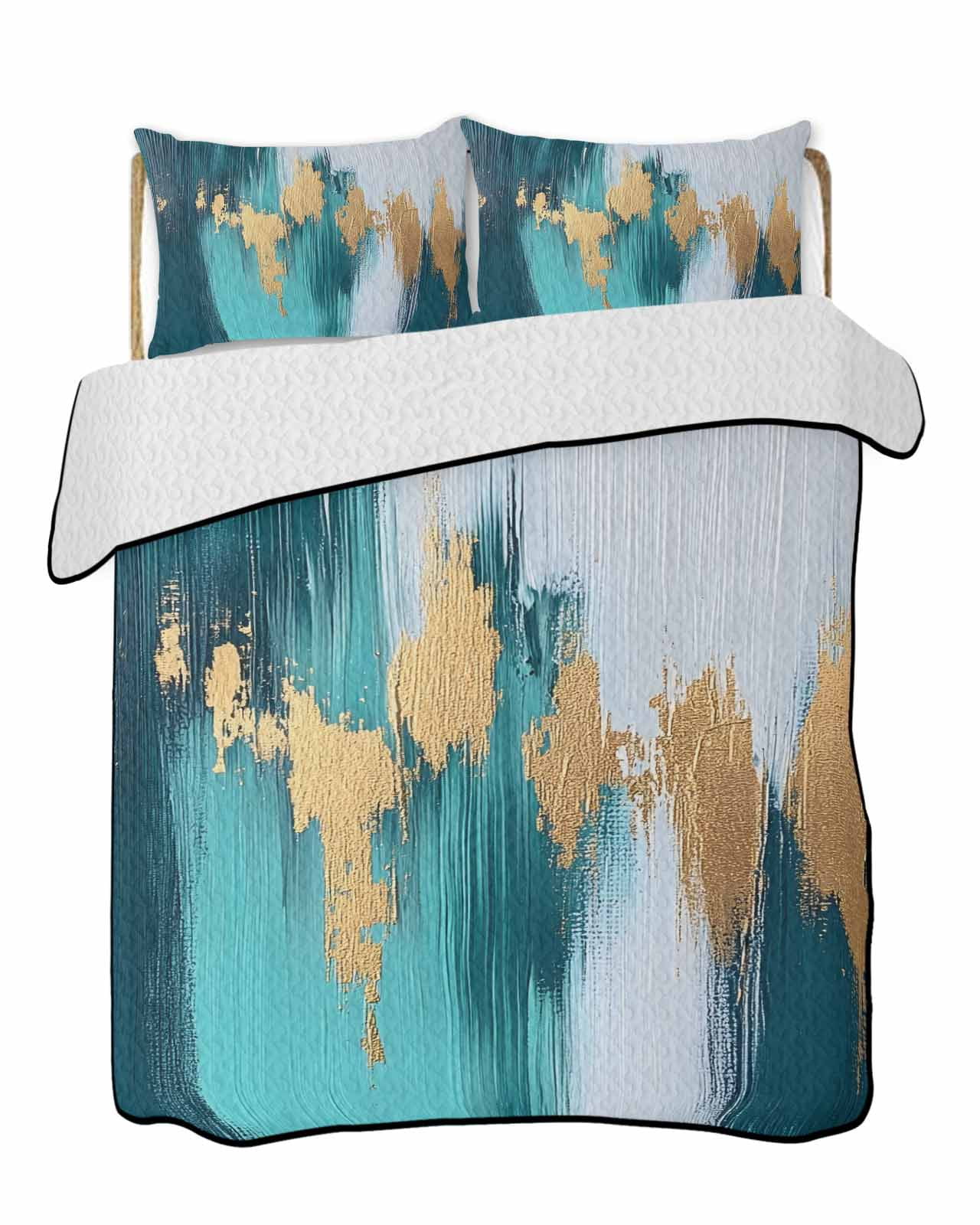 Abstract Art Quilts Bedding Set Queen Size Green Gold Mottled Texture ...