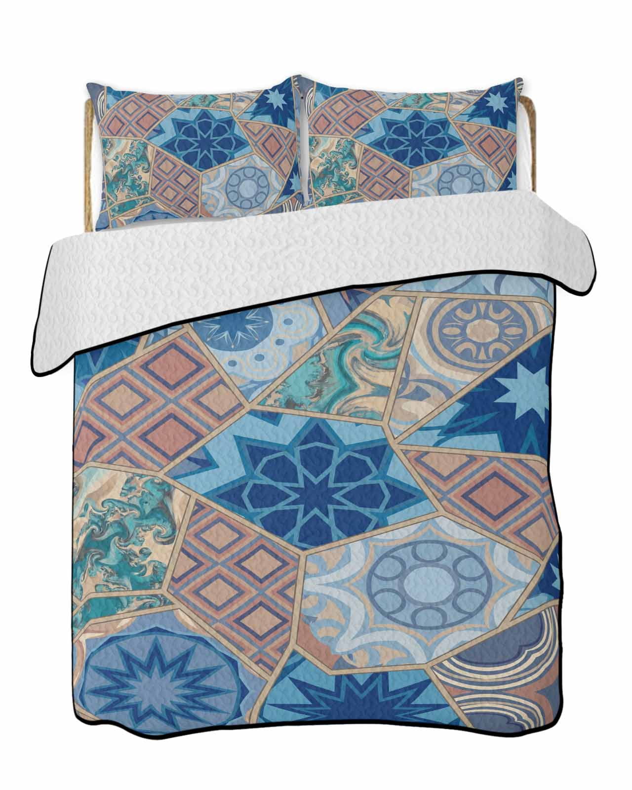 Abstract Art Quilts Bedding Set Queen Size Orange Blue Geometric Flower ...