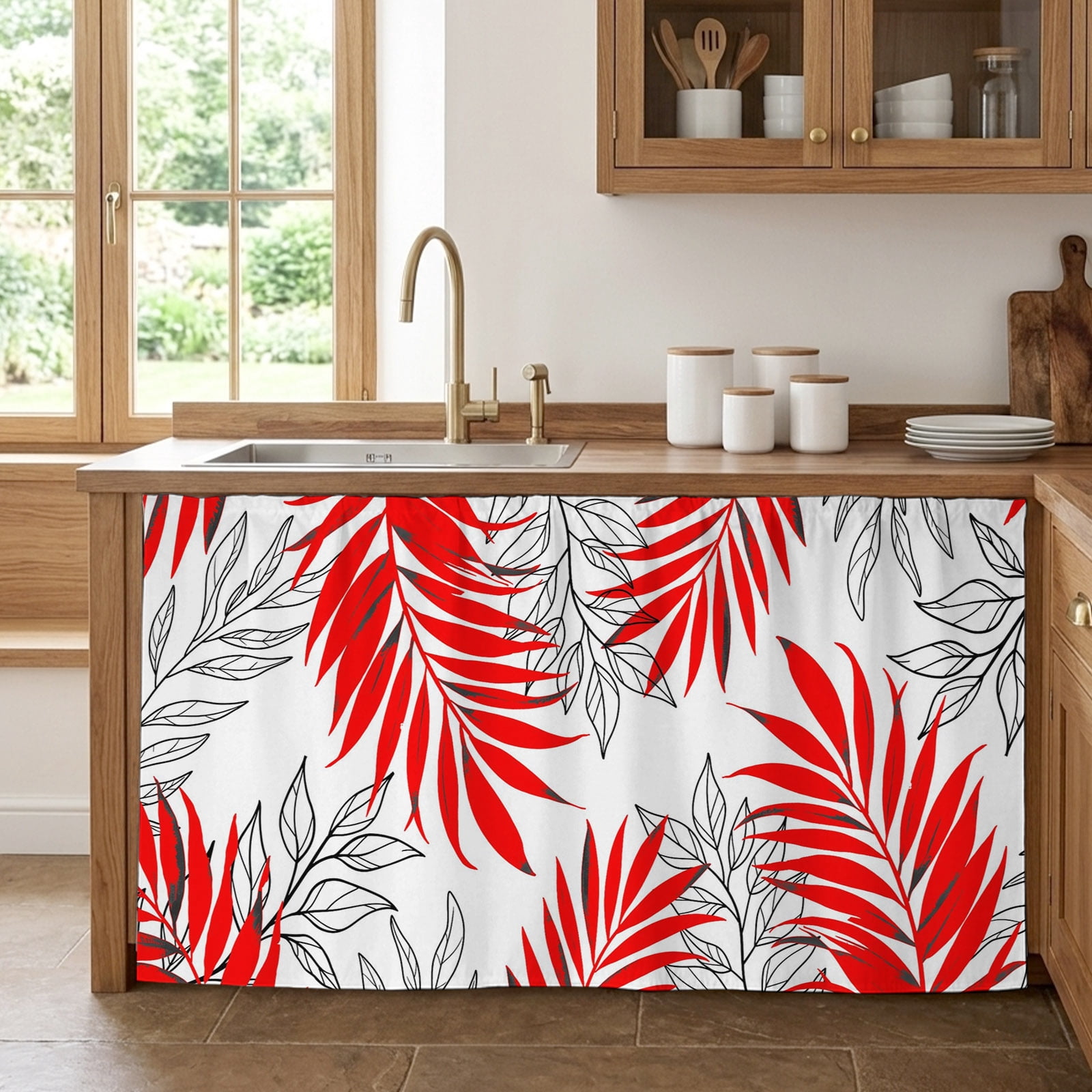 Abstract Art Red Leaves Cabinet Curtains 28" W x 51" L Watercolor Leaf ...